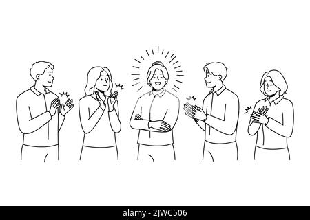 People clap, team congratulate colleague in office interior. Business ...
