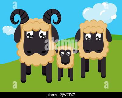 Stylized vector illustration of sheep family. The pink sheep is ...