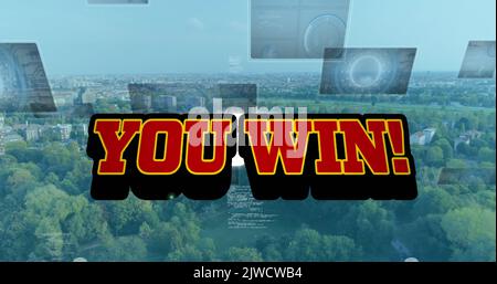 Image of you win text and data processing on black background Stock ...