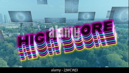 Image of high score text over cityscape on blue background Stock Photo ...