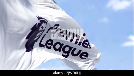 London, ENG, July 2022: Close-up of the Premier League flag waving in ...