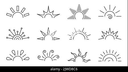 Black line half sun icon set. Logo blank frame for tattoo. Simple ...