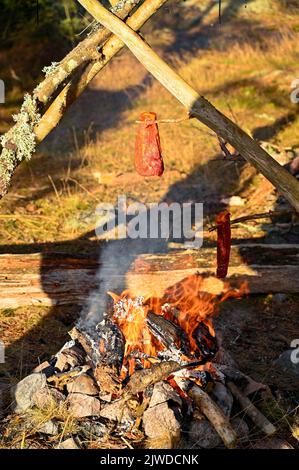 campfire with hanging meat from tripod for dinner Stock Photo - Alamy