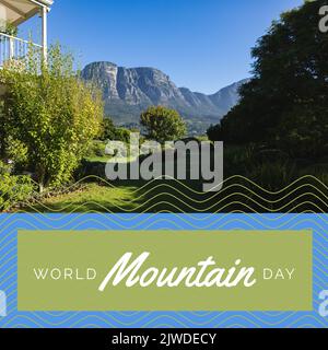 Composition of world mountain day text over landscape with garden and ...