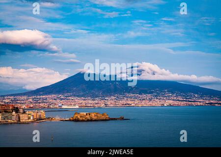 View over port and Mount Vesuvius from gardens of the Certosa di San ...