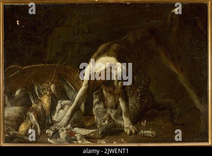 Dog attacking a cat. Vonck, Jan (1631-1663/1664), painter Stock Photo ...