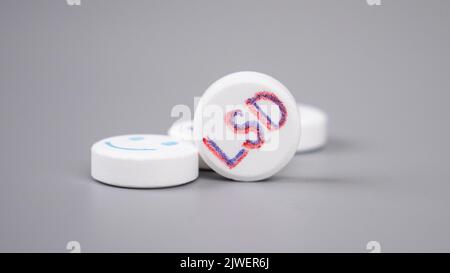 lsd pills closeup on gray background, lysergic acid Stock Photo - Alamy