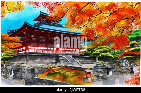 Watercolor drawing Japan landmark in autumn. Famous Japanese place ...