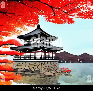 Watercolor drawing Japan landmark in autumn. Famous Japanese place ...