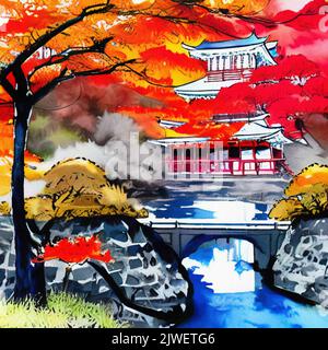 Watercolor drawing Japan landmark in autumn. Famous Japanese place ...