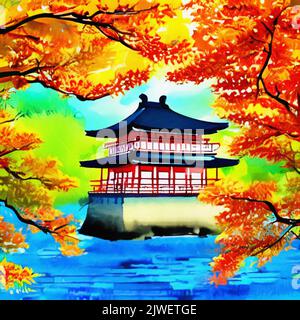 Watercolor drawing Japan landmark in autumn. Famous Japanese place ...