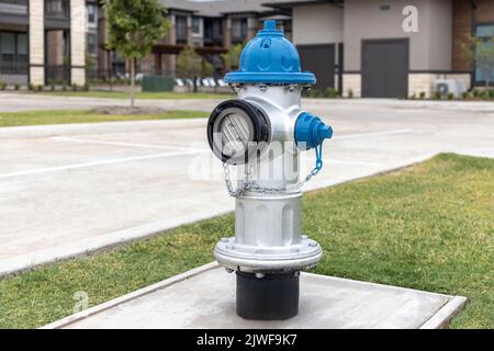 Grey and blue fire hydrant on the grass int he yard in residential ...
