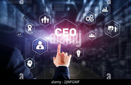 CEO concept. Businessman pressing virtual screen inscription boss Stock ...
