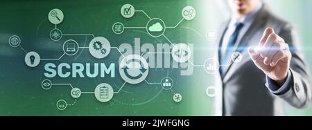 SCRUM. Hand presses the inscription scrum on a virtual panel. Agile ...