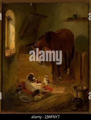 This 19th-century painting by Benno Adam depicts a Bernese Mountain Dog ...