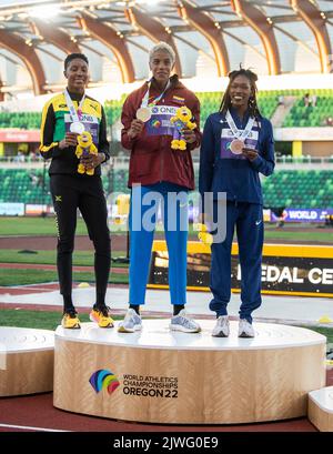 Tori Franklin, Shanieka Ricketts and Yulimar Rojas celebrating after ...