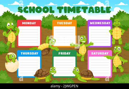 Weekly planner schedule with cartoon turtle. Cheerful tortoise animal ...