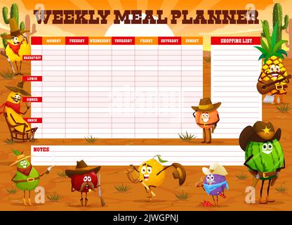 Weekly meal planner of Western cartoon cowboy, bandit and ranger fruit ...