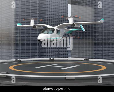 Electric VTOL passenger aircraft taking off from helipad. Urban ...