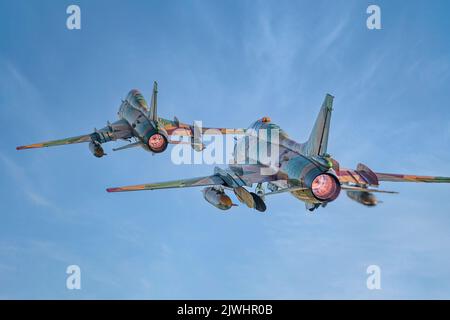squadron of sukhoi su22 take off and fly by in demonstration day Stock ...