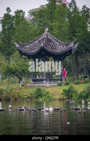 A vertical shot of the Dongpo Urban Wetland Park main building near ...