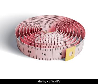 A pink taylors measuring tape with measurements wound up in a coil ...