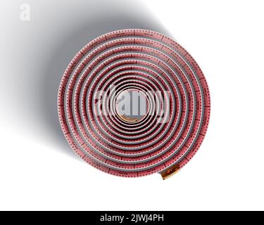 A pink taylors measuring tape with measurements wound up in a coil ...