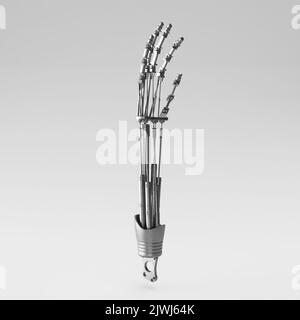 A skeleton like mechanical robotic arm made of steel on a light studio ...