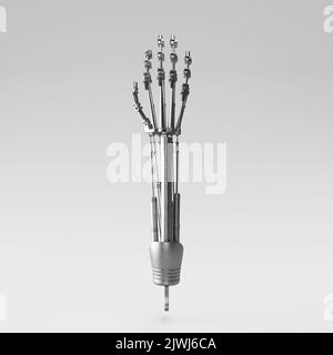 A skeleton like mechanical robotic arm made of steel on a light studio ...