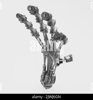 A skeleton like mechanical robotic arm made of steel on a light studio ...