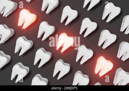 Toothache problem 3d rendering pattern grey background. White healthy ...