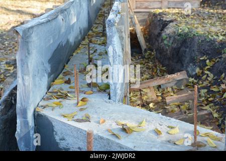 Strip footing, foundation construction. A close-up of a strip house ...