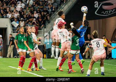 Angel City FC goalkeeper Angelina Anderson (19) goes up for a save ...