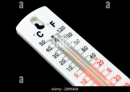 26 Celsius and 80 Fahrenheit degrees on a thermometer on black ...