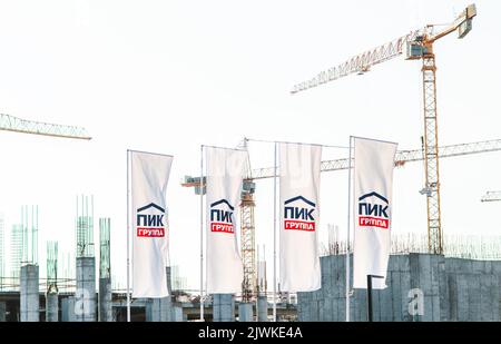 April 4, 2018, Moscow, Russia. Flags depicting the logo of the PIK ...