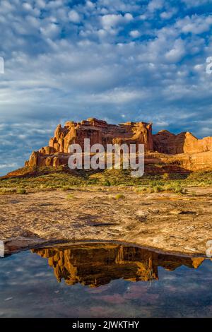 The east wall of the Park Avenue formations reflected in rain-filled ...