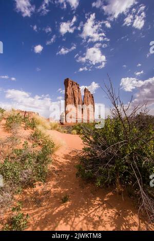The Organ, a sandstone monolith in the Courthouse Towers, reflected in ...