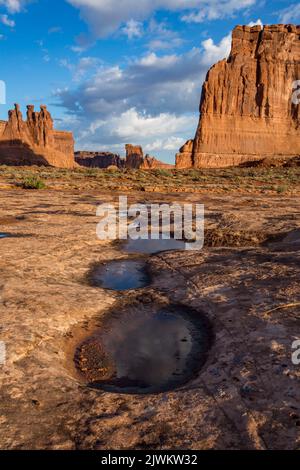 Clouds reflected in an ephemeral rainwater pool in the Courthouse ...