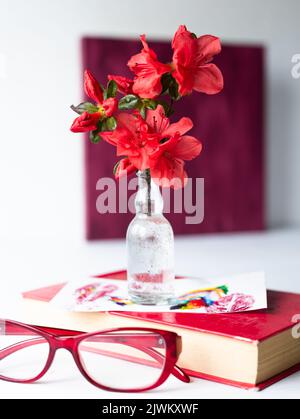 Branch with azaleas flowers against background of pink blurry colors ...