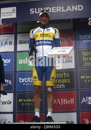Team SVB's Kamiel Bonneu on the podium after winning stage three of the ...