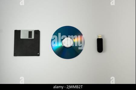 Evolution of memory cards, floppy disks, CDs and USB keys Stock Photo ...