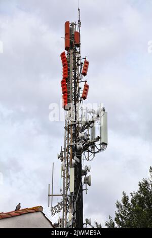 Telecom base station in Spain. Cell tower sector antennas. Mobile ...