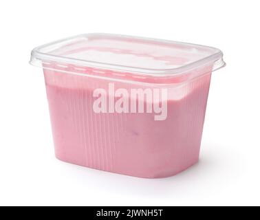 One fruit yogurt in a plastic container, close-up, isolated on white ...