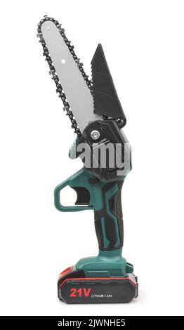 One electric chainsaw isolated on white. Wood cutting tool Stock Photo ...