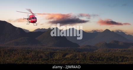 Helicopter Flying over the West Coast Pacific Ocean. Extreme Adventure ...