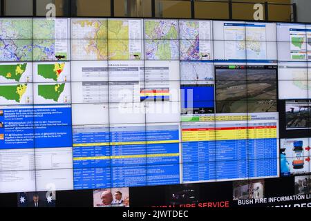 Screens at the command centre at the NSW RFS operations centre in ...