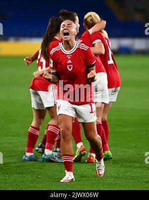 Cardiff, Wales. 6 September 2022. Natasha Harding of Wales salutes the ...