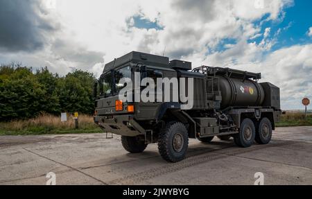 British army M.A.N. unit support tanker on exercise, Salisbury Plain ...