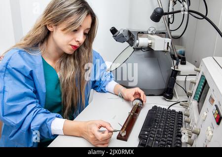 Transmission electron microscope sample holder been loaded with an ...