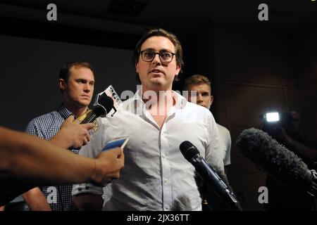 (L- R), Thomas Laslett, Nick Kelly and Edward Leaney, members of the ...